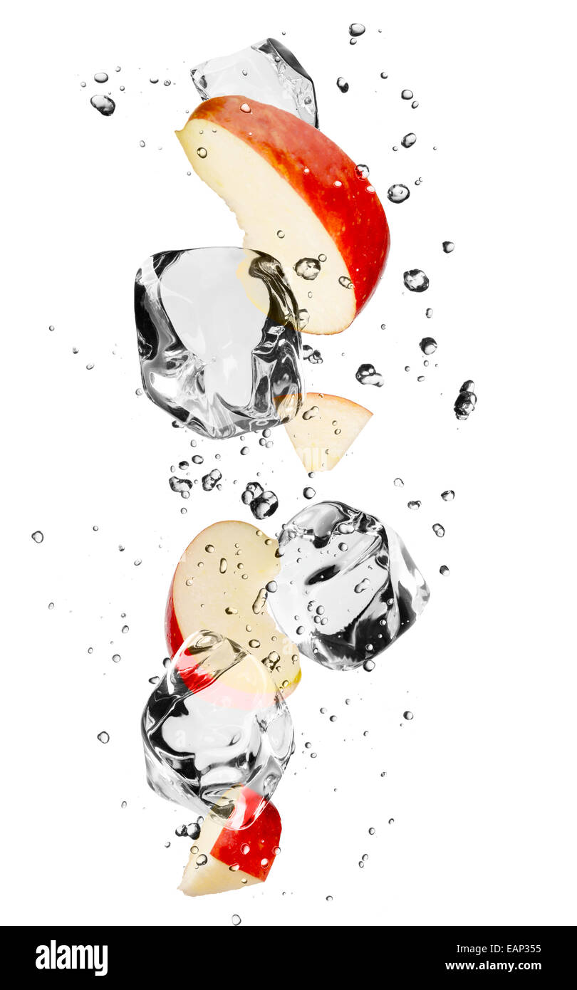 Red apple slices with ice cubes, isolated on white background Stock ...