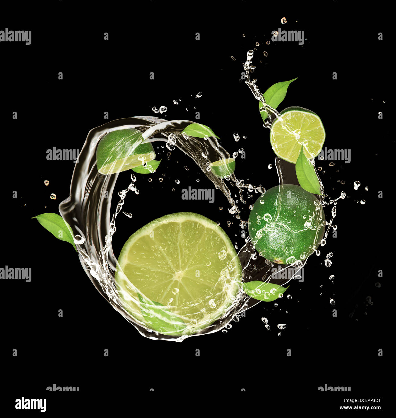 Fresh limes in water splash, isolated on black background Stock Photo ...