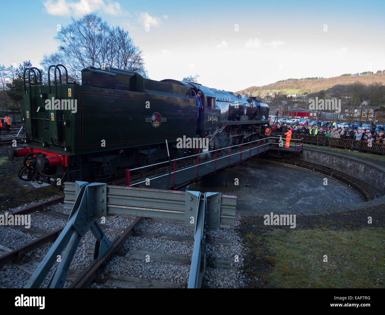 Steam locomotive 34046 Braunton, at Peak Rail vintage train centre ...