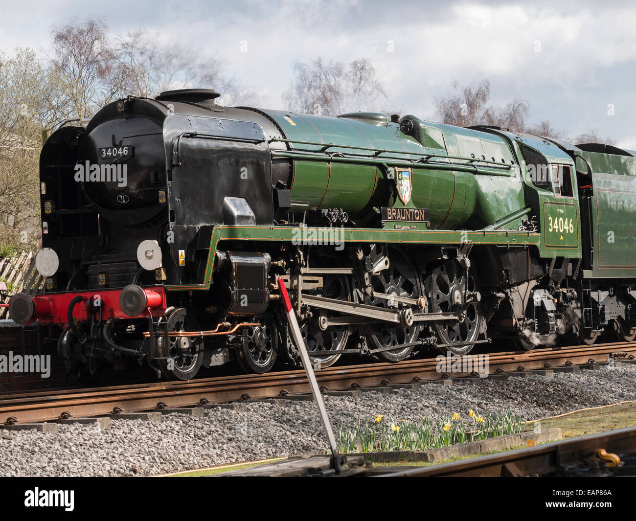 Steam locomotive 34046 Braunton, at Peak Rail vintage train centre ...