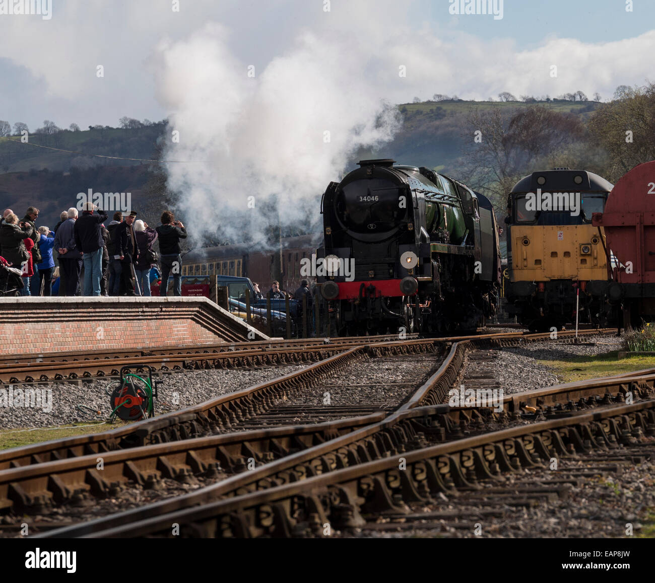 Steam locomotive 34046 Braunton, at Peak Rail vintage train centre ...