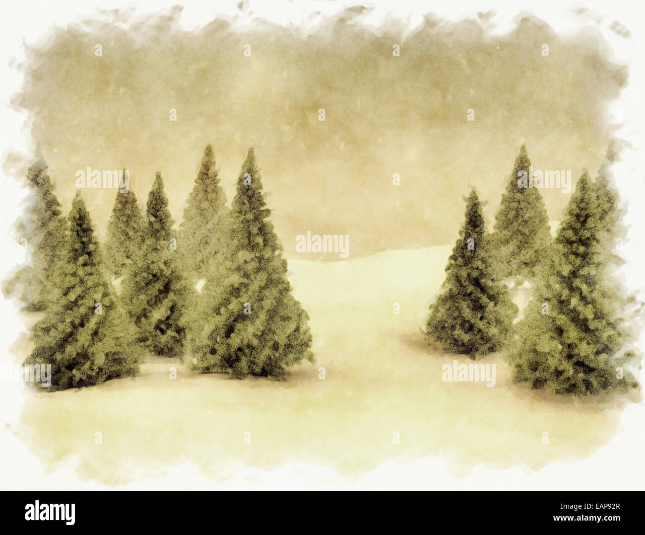 Winter scene snow sky and green pine trees Stock Photo - Alamy