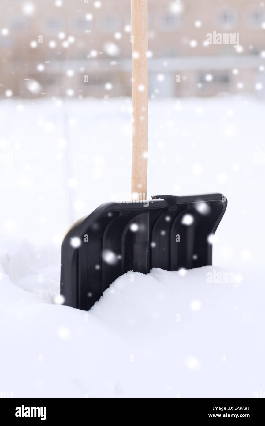 black snowshowel with wooden handle in snow pile Stock Photo - Alamy