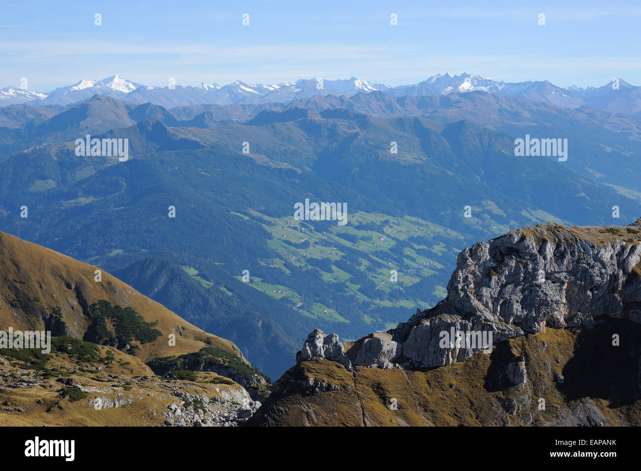 Alpine mountain panorama from Spieljoch summit, Rofan, Austria Stock ...