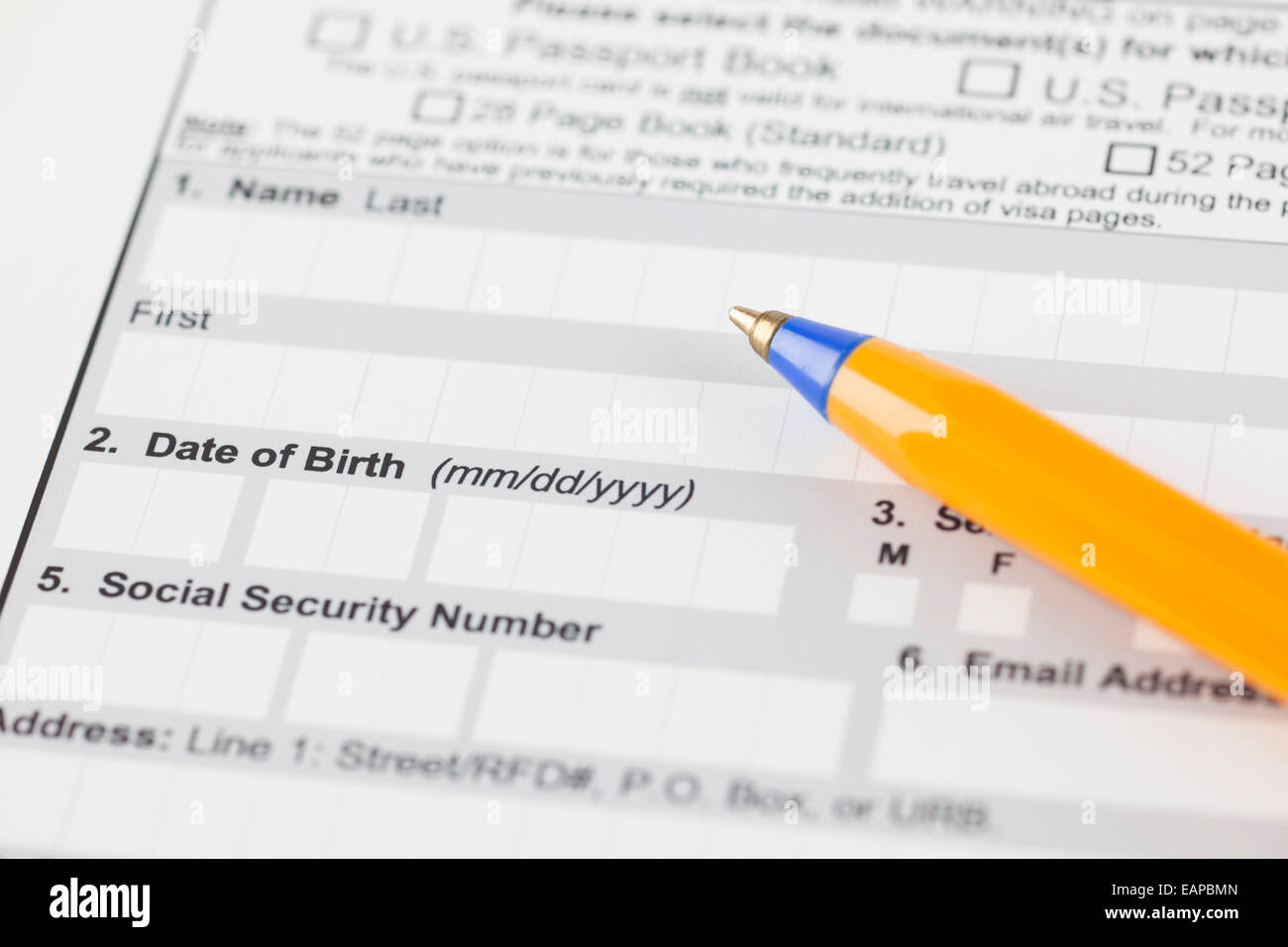 Application form with ballpoint pen. Focus on date of birth Stock Photo ...