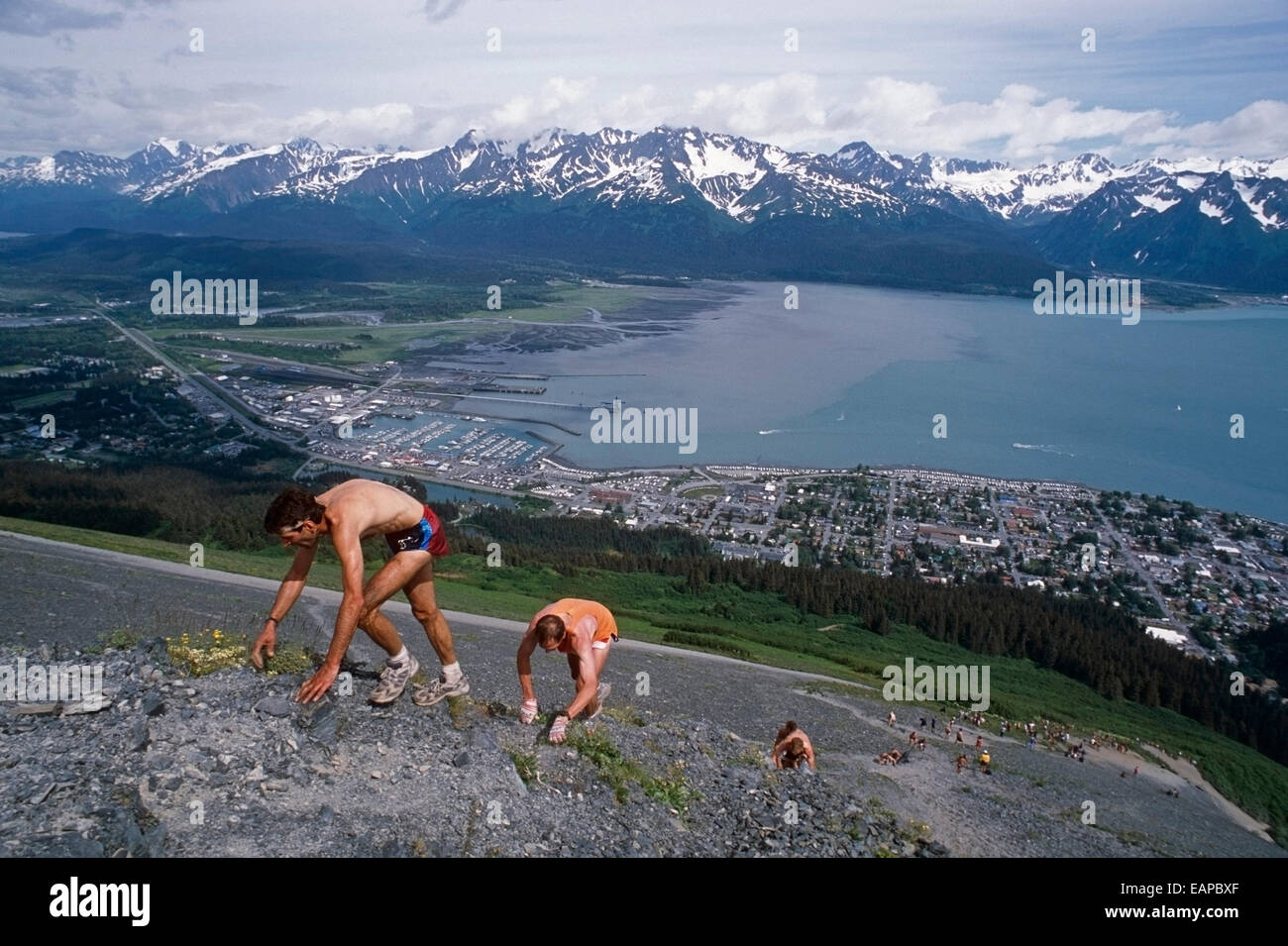 Male Runners Ascend Mount Marathon During Race On Rocky Slope Seward ...