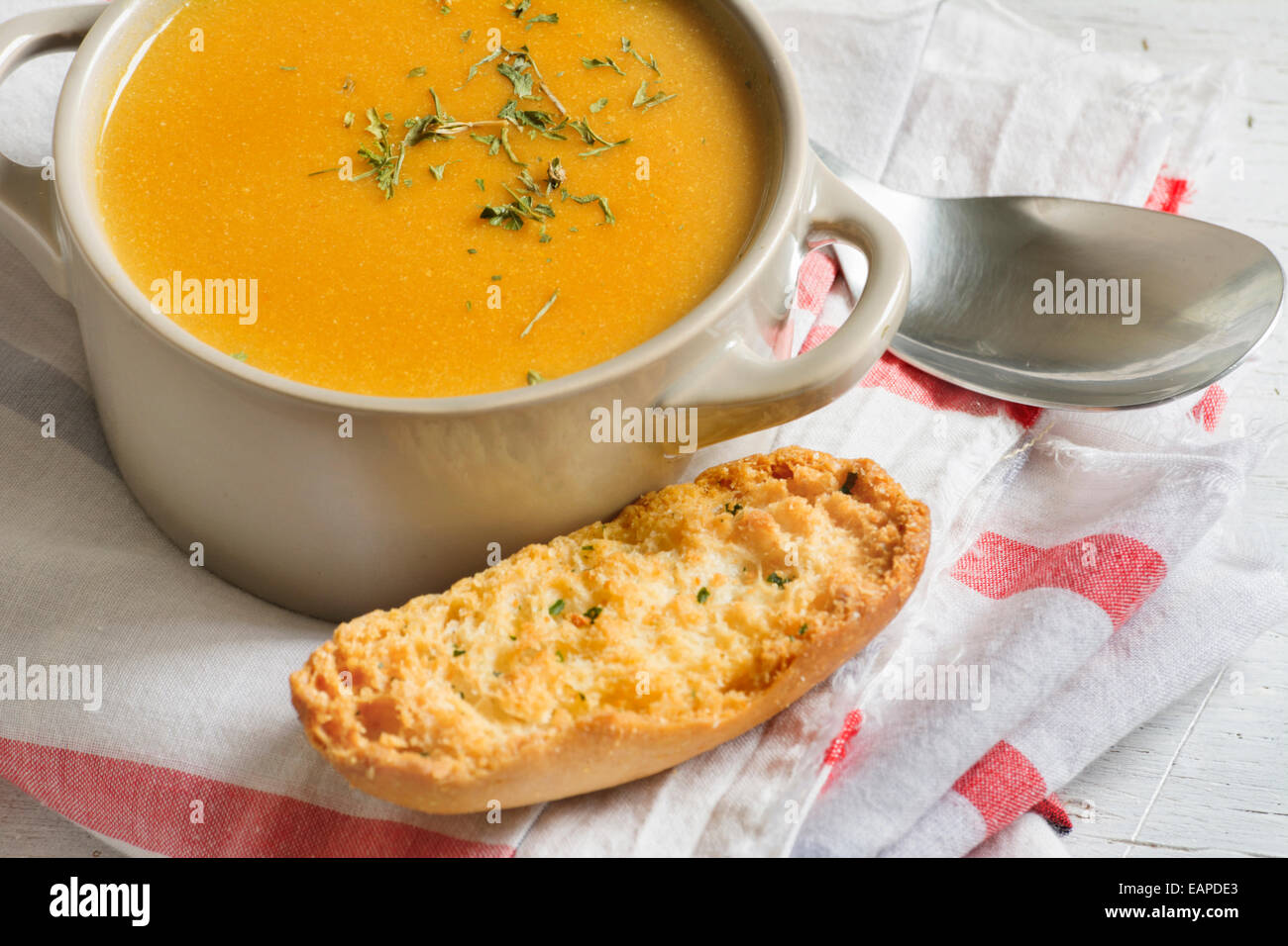 Cream of pumpkin soup in casserole. Horizontal image Stock Photo - Alamy