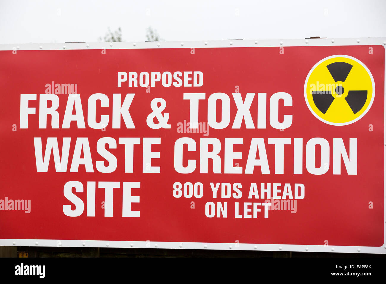 A protest banner against fracking at a farm site at Little Plumpton ...