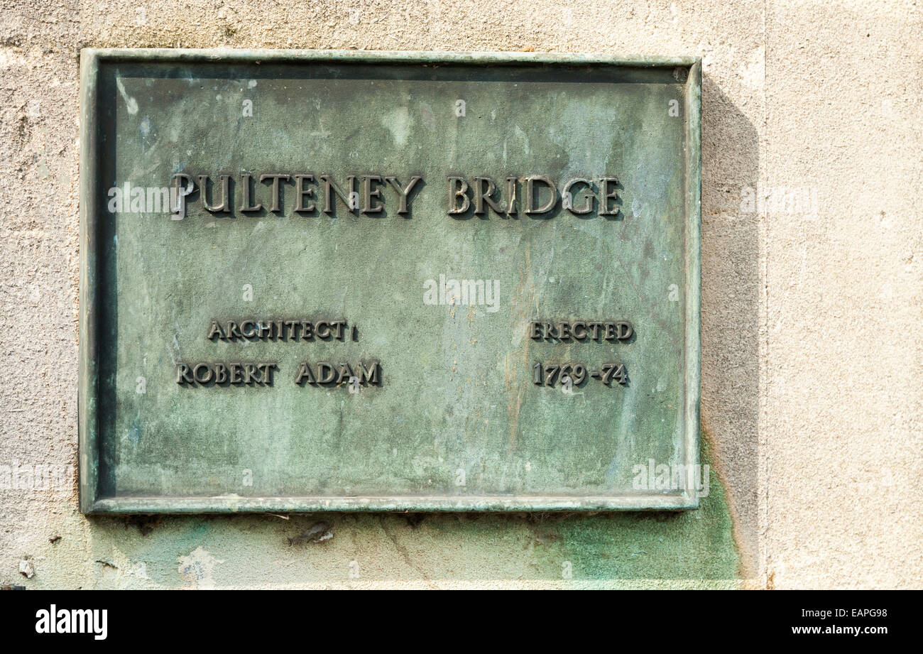 Bronze plaque on Pulteney Bridge, Bath. UK. The plaque credits ...