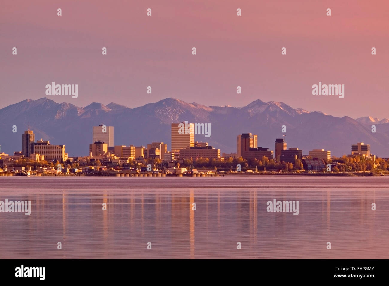 Downtown Anchorage Skyline From Across Knik Arm W/Kenai Mountains In ...