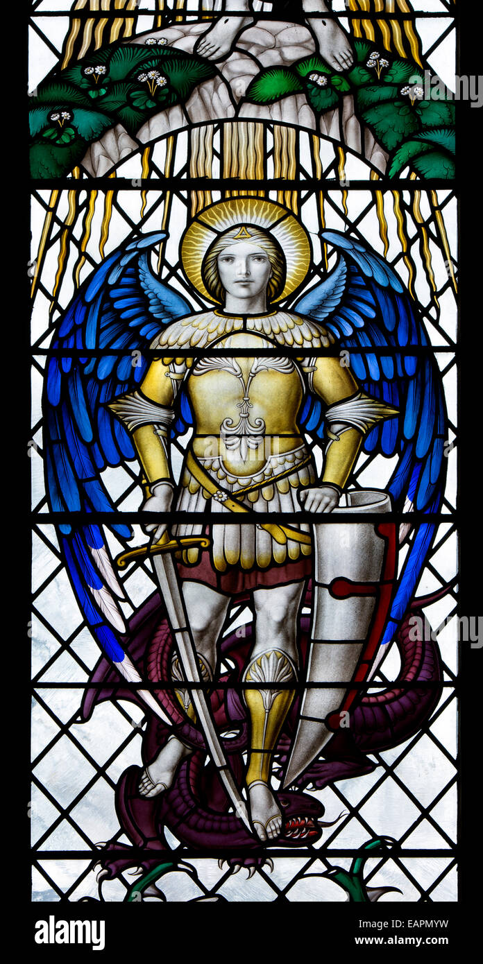 Saint Michael stained glass, Worcester Cathedral, UK Stock Photo - Alamy