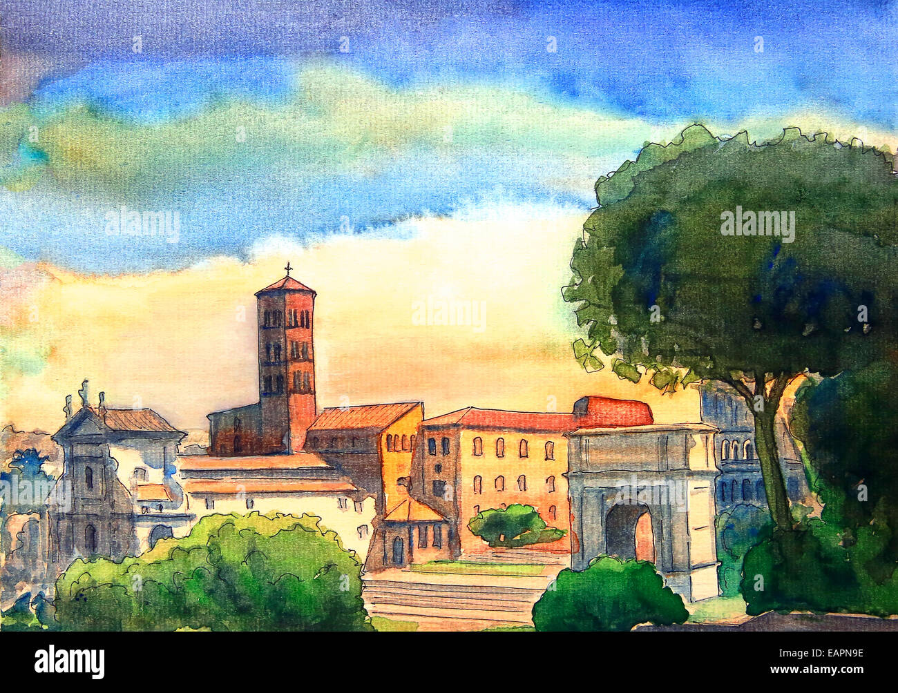 Italy forum cityscape painted watercolor rome hi-res stock photography ...