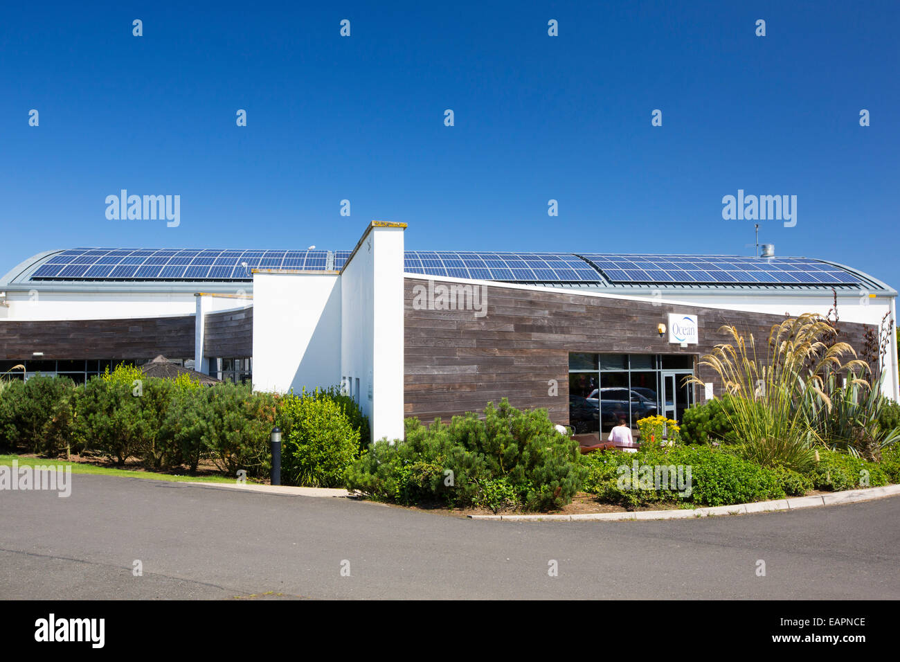 Solar panels on a fitness club roof in Seahouses Northumberland, UK ...
