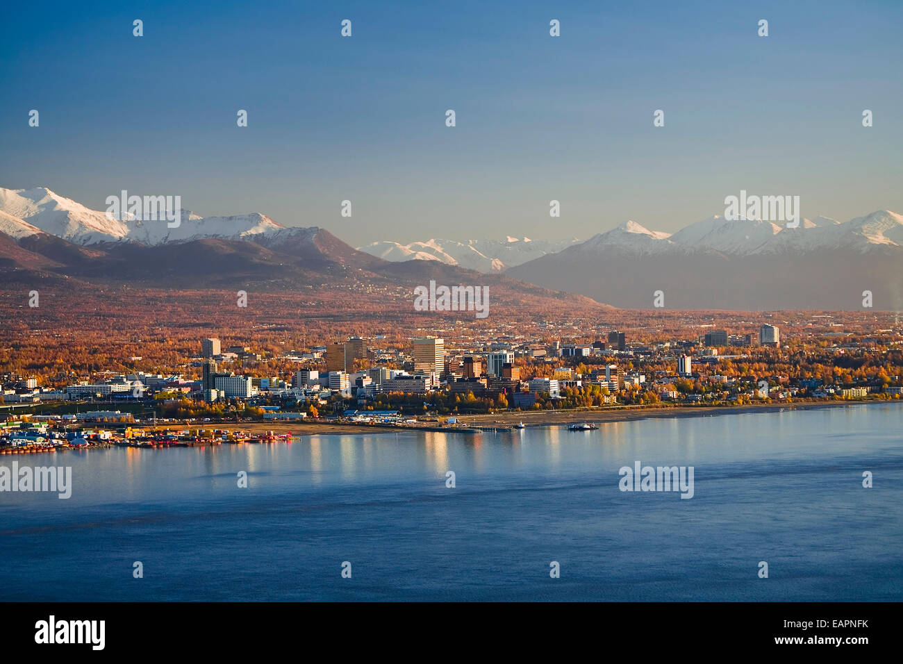 Aerial View Of Anchorage Skyline & Chugach Mountains As Seen From ...