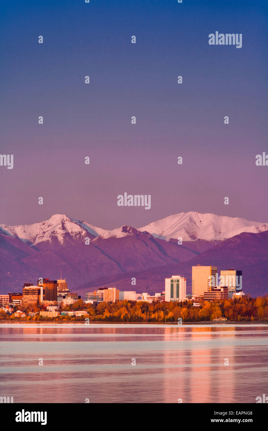 The Anchorage Skyline & Reflection At Sunset As Seen From Earthquake ...