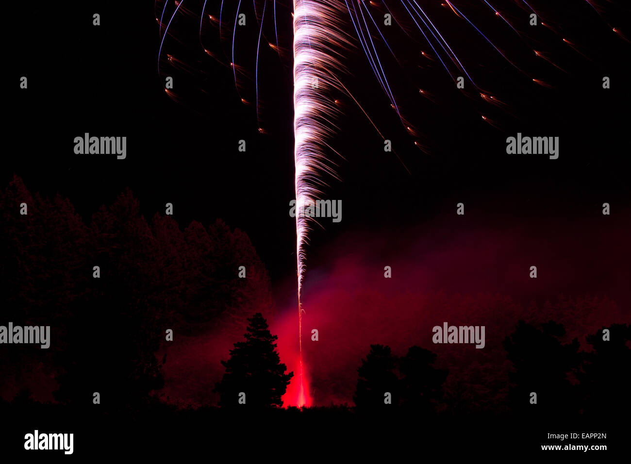 Smoke rises from a firework launch site, silhouetting trees in a red ...