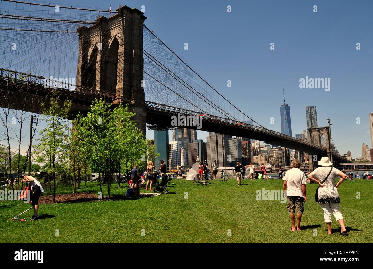 NYC: View of the Brooklyn Bridge with its neo-gothic west and east ...