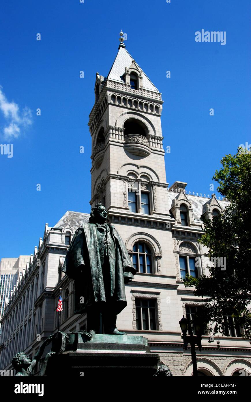 BROOKLYN, NY: Henry Ward Beecher Statue and the neo-romanesque tower of ...