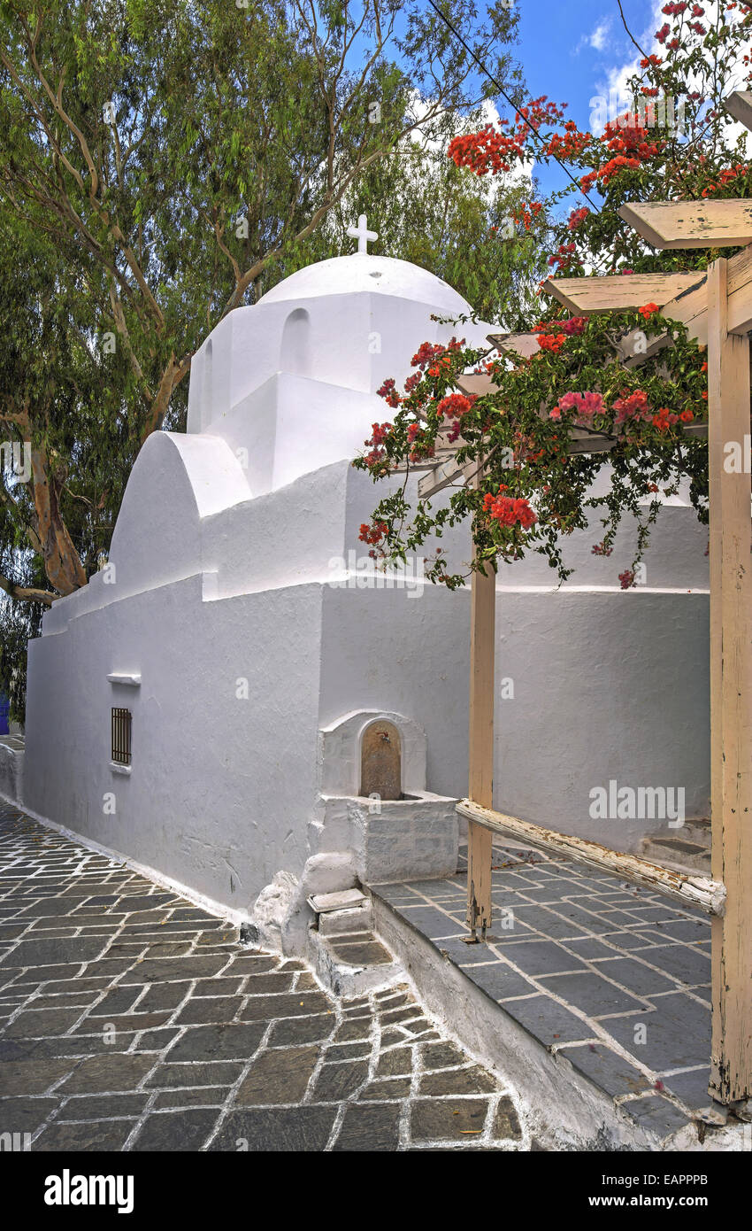 Picturesque traditional church in Chora (Hora) in Ios island, Cyclades ...