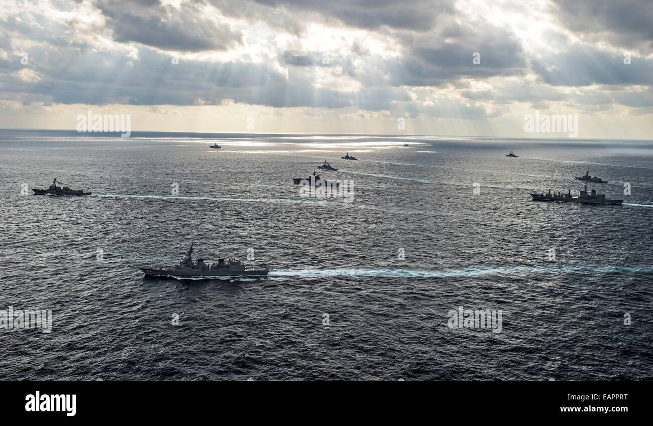 Aerial view of US Navy and Japan Maritime Self-Defense Force ships ...