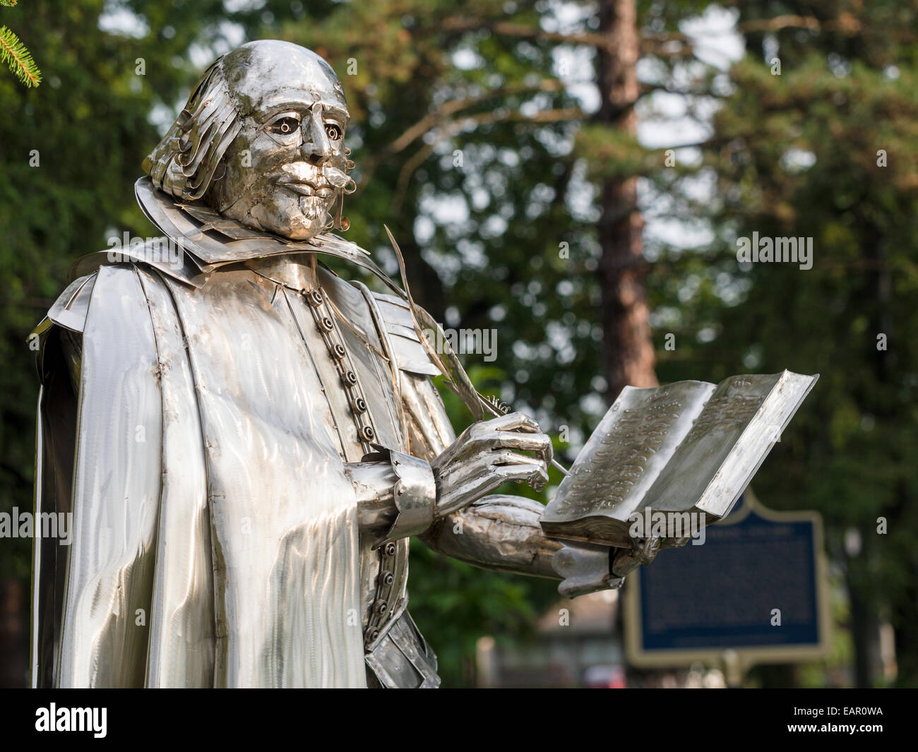 Shakespeare in the Park detail left. A shiny metal statue of William ...