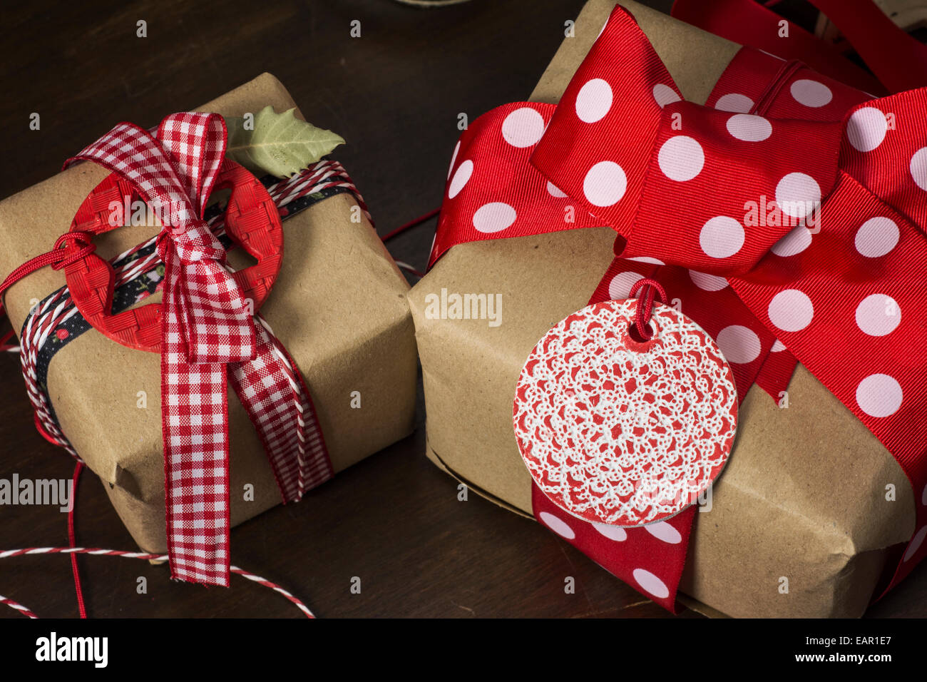 red and blue polka dot gift box with ribbon and bow Stock Photo - Alamy