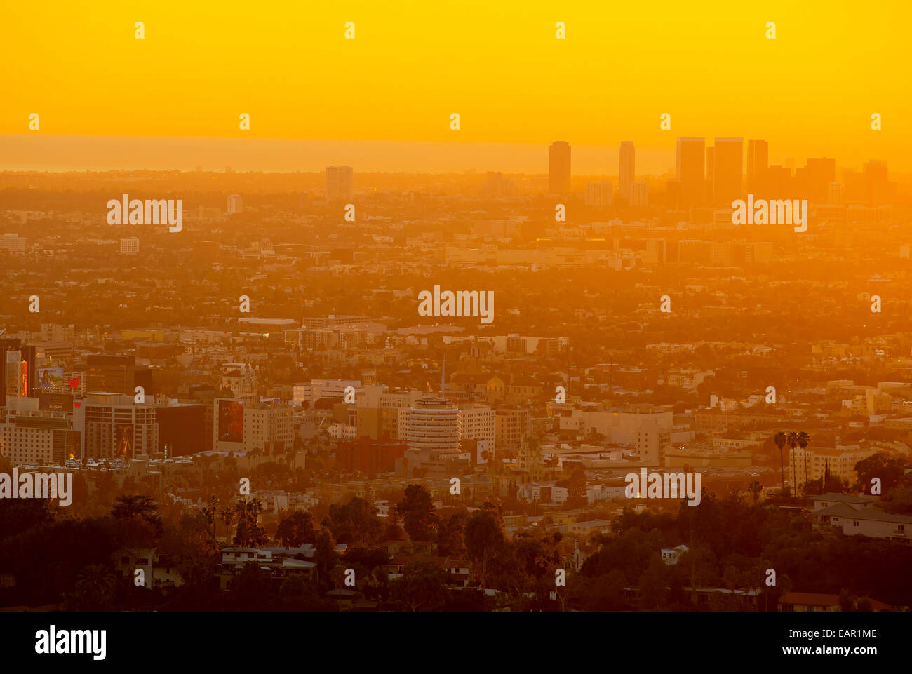 The Los Angeles City landscape at sunset viewed from Griffith ...