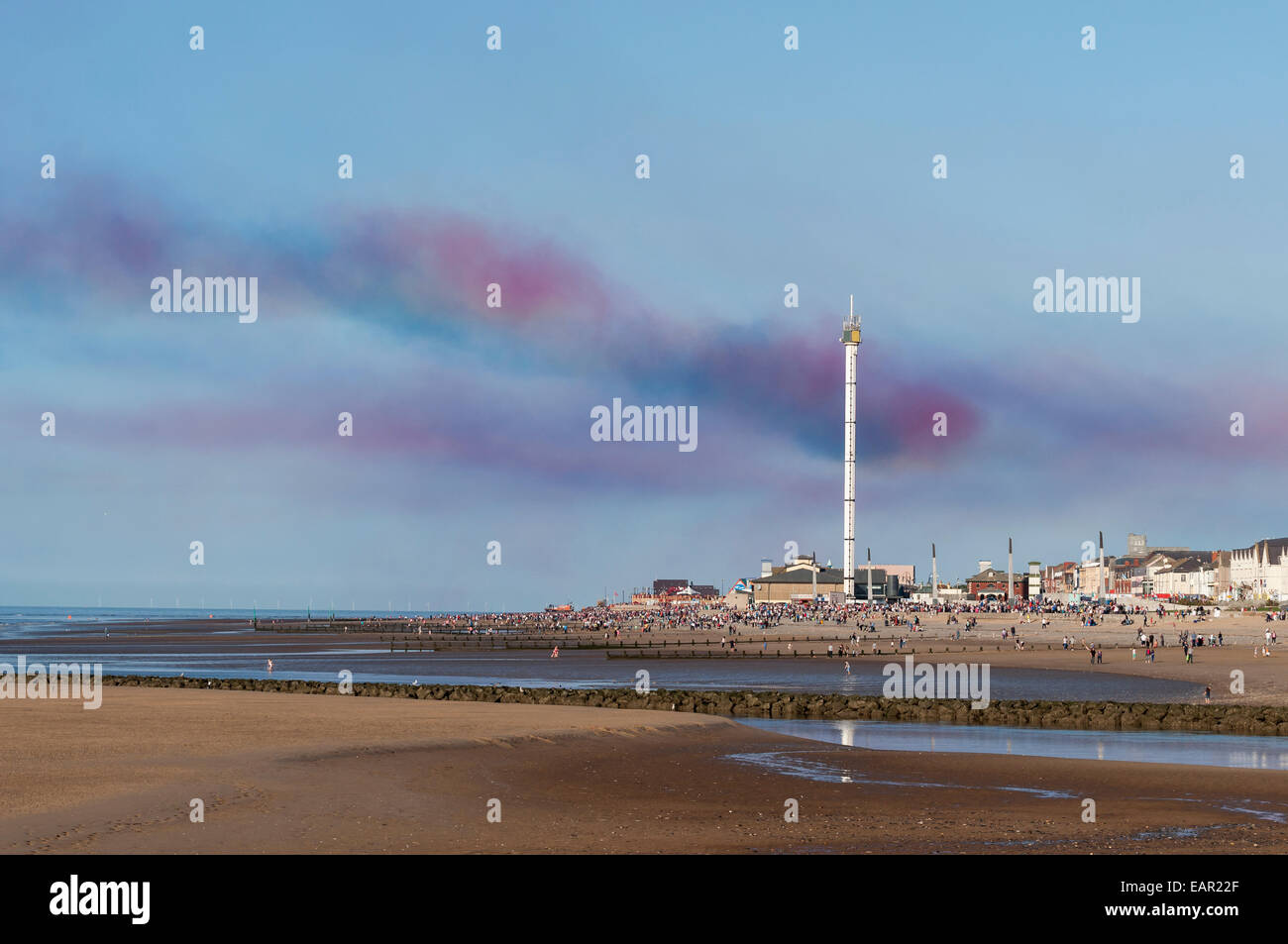 Rhyl Air Show August 31st 2014 showing sky tower and Rhyl beach with ...