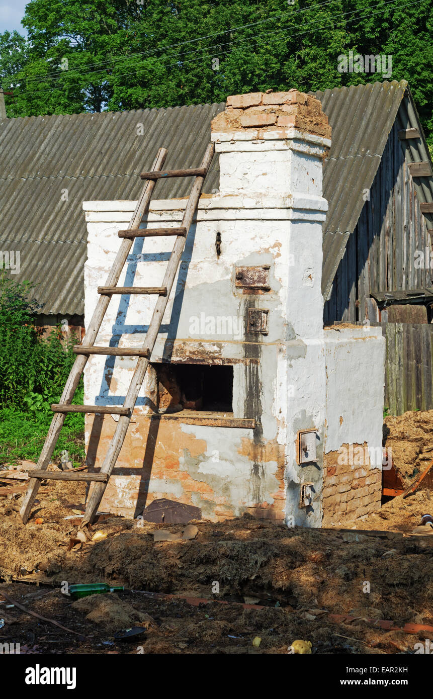 The brick stove for cooking, heating for house and with sleeping bench ...