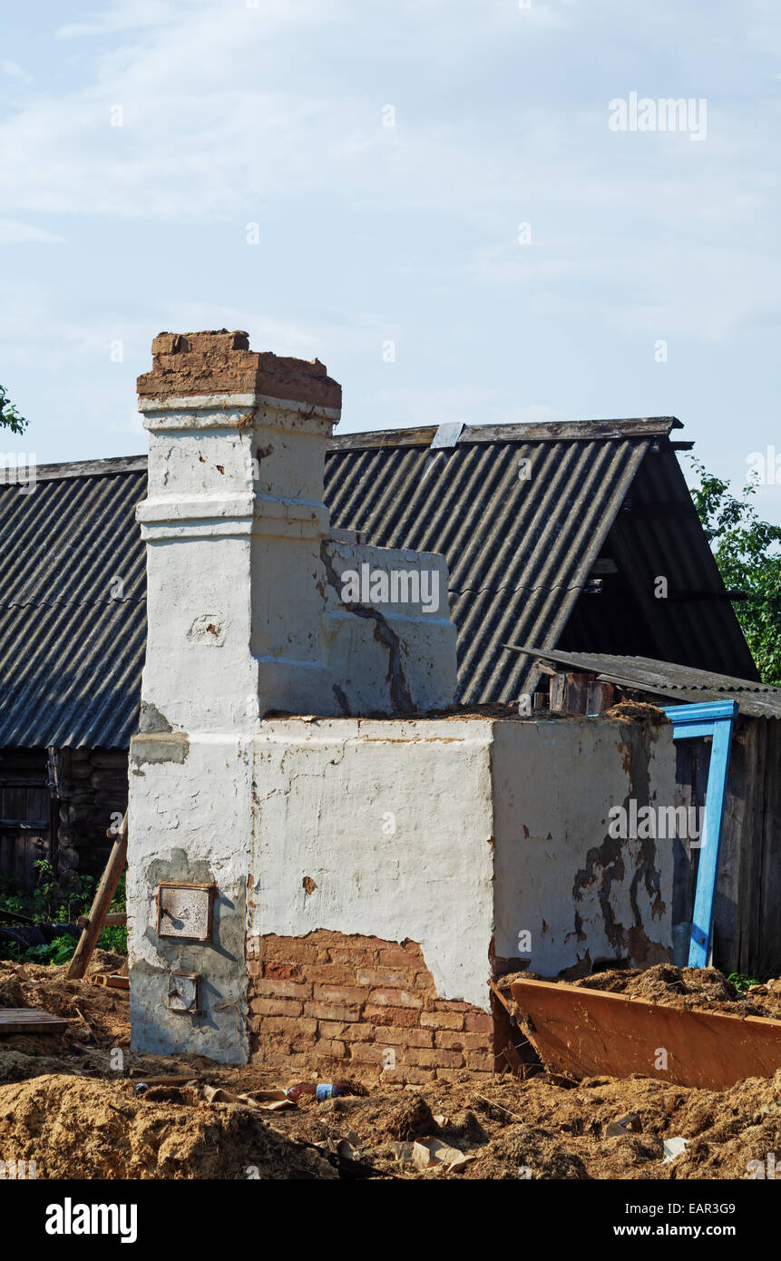 The brick stove for cooking, heating for house and with sleeping bench ...