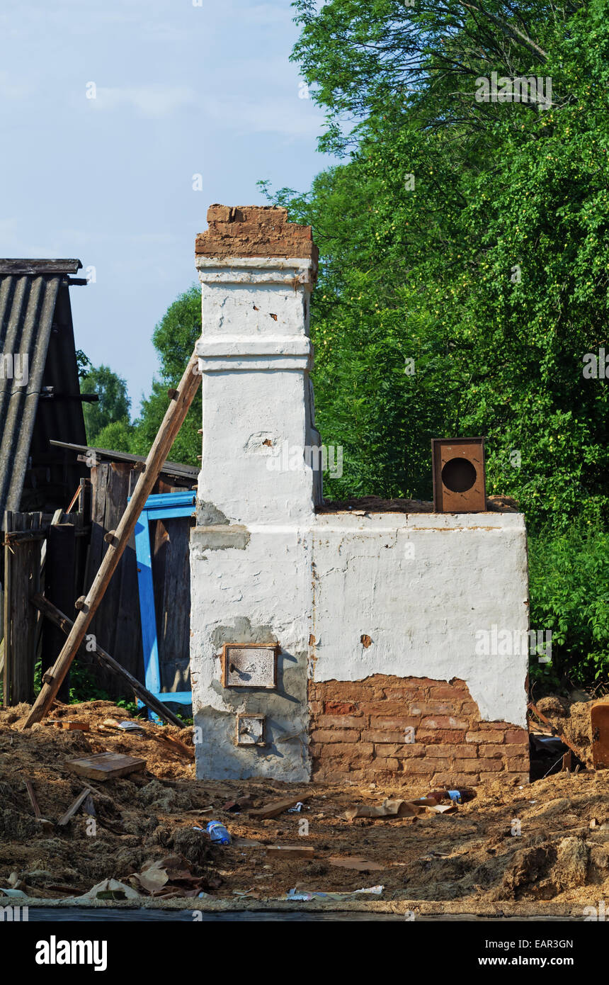 The brick stove for cooking, heating for house and with sleeping bench ...