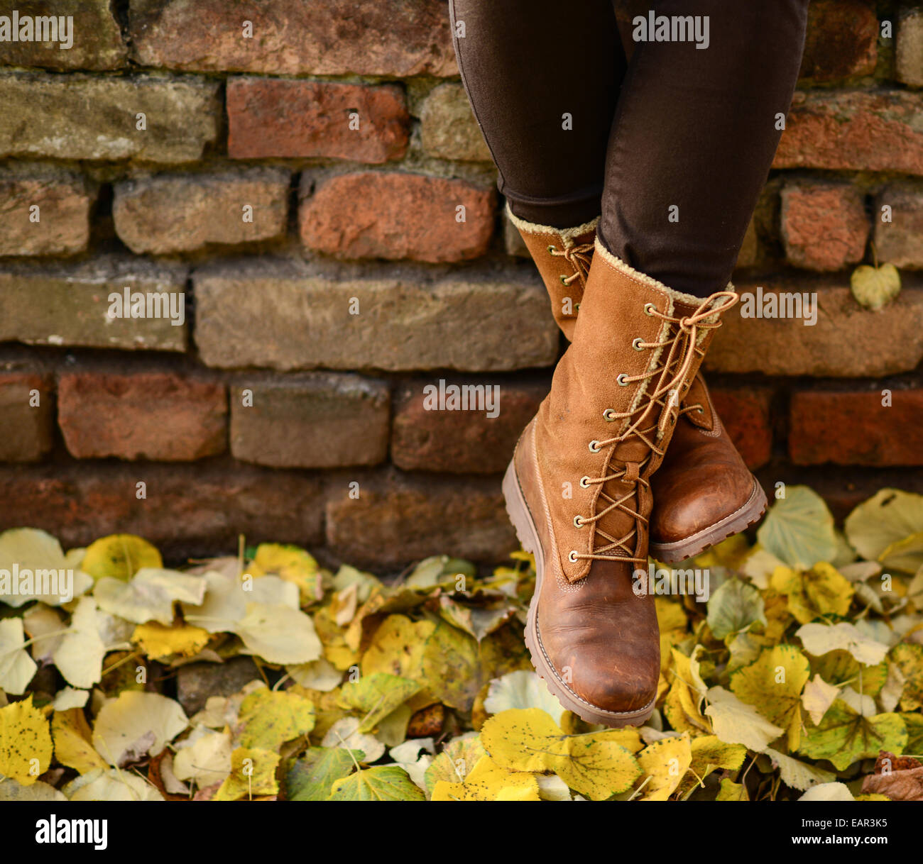 Conceptual image of legs in boots on the autumn leaves - Walking in ...
