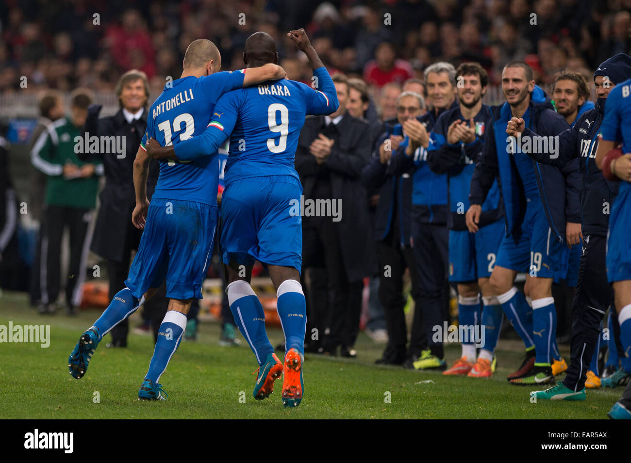 Genova, Italy. 18th Nov, 2014. (L-R) Luca Antonelli, Stefano Okaka (ITA ...