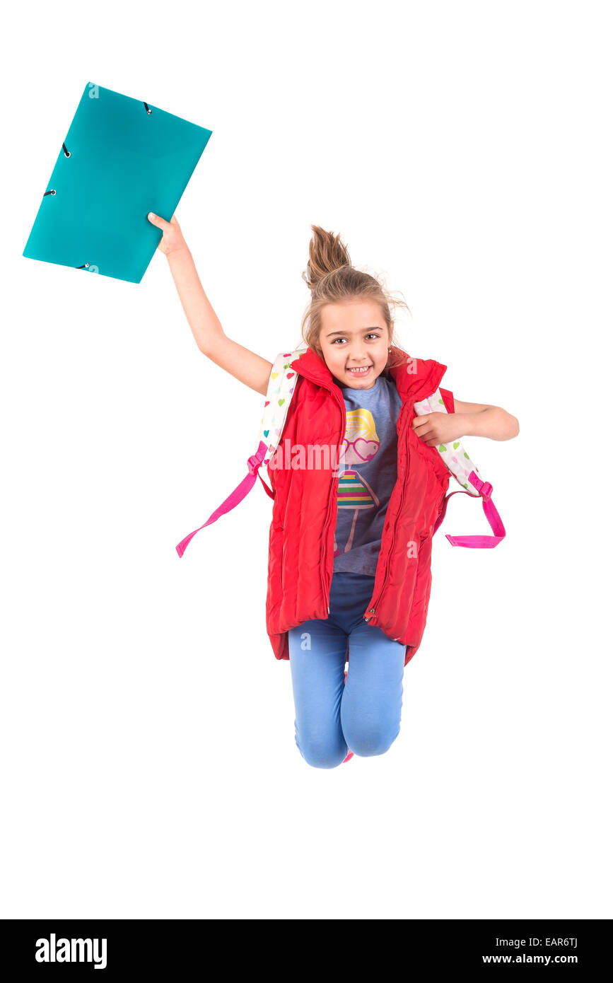 Young girl student jumping isolated in white Stock Photo - Alamy