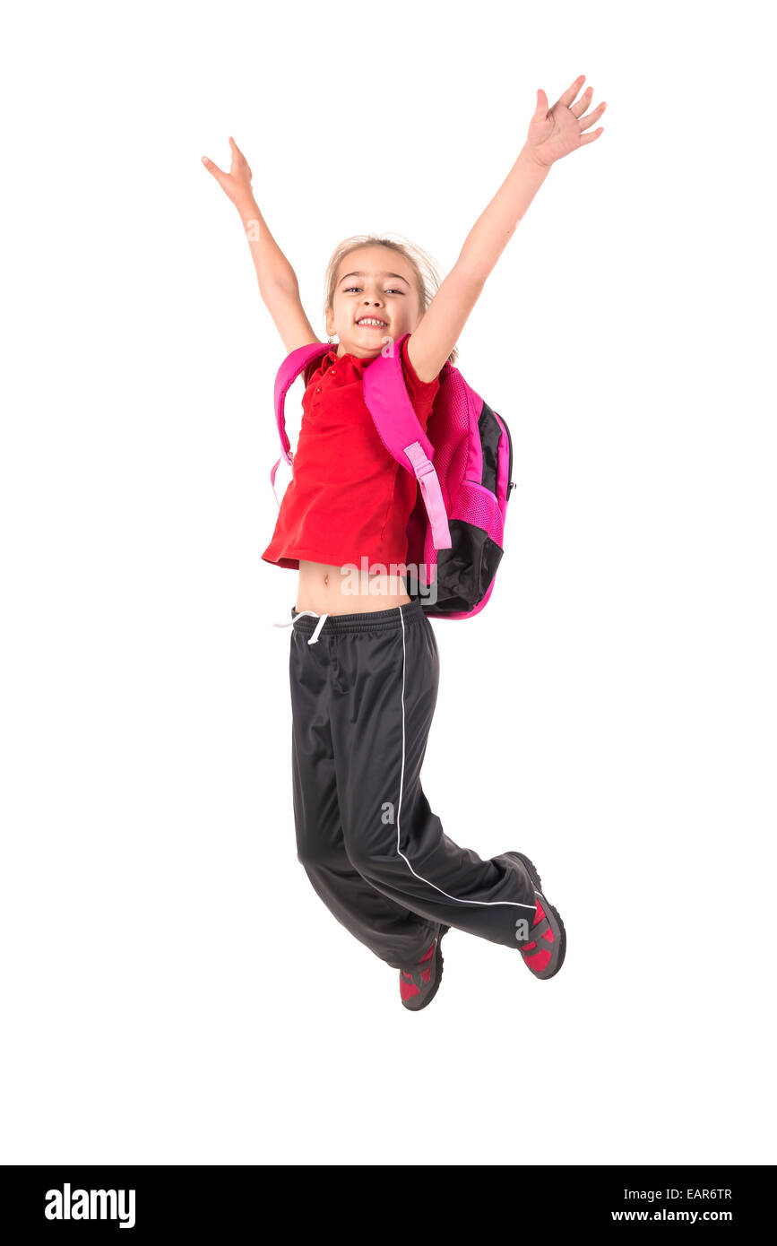 Young girl student jumping isolated in white Stock Photo - Alamy