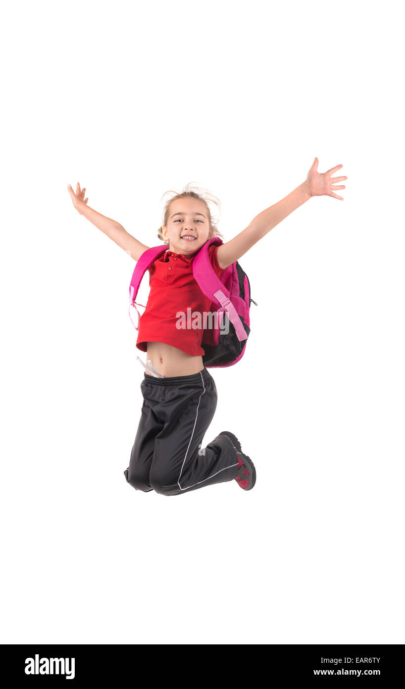Young girl student jumping isolated in white Stock Photo - Alamy