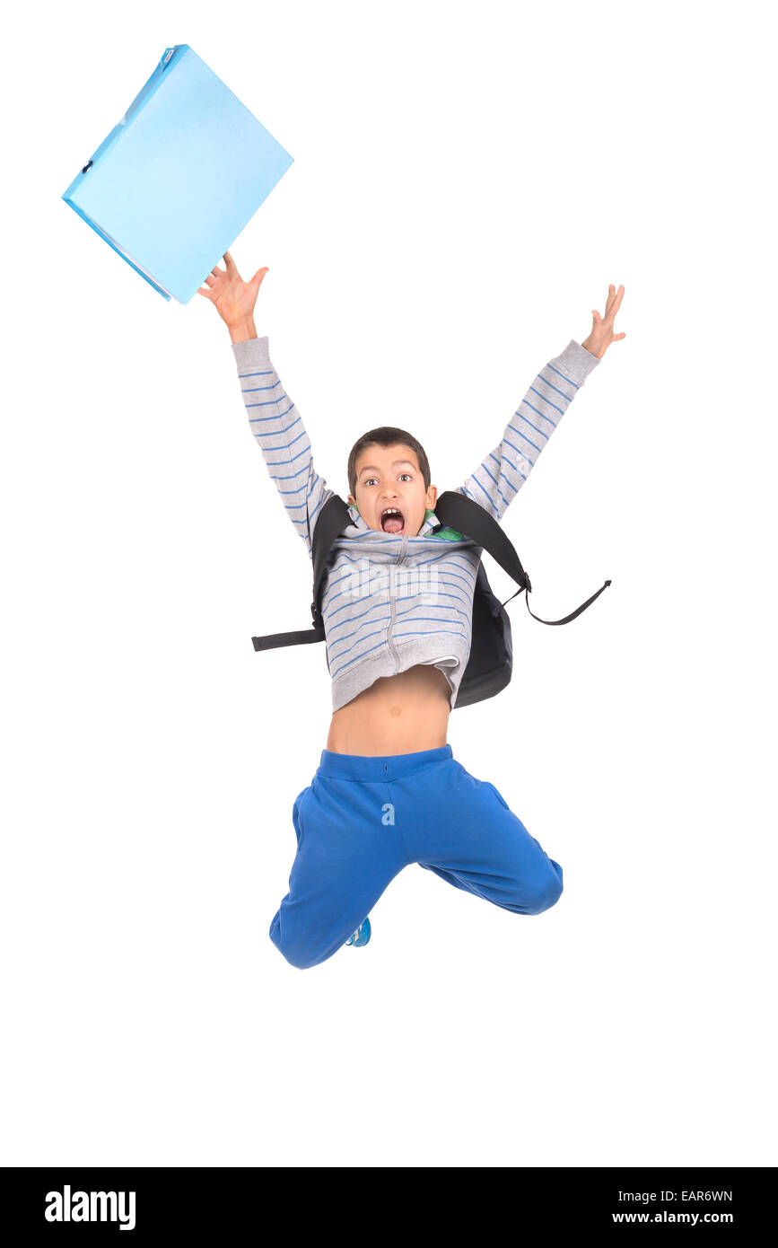 Young boy student jumping isolated in white Stock Photo - Alamy