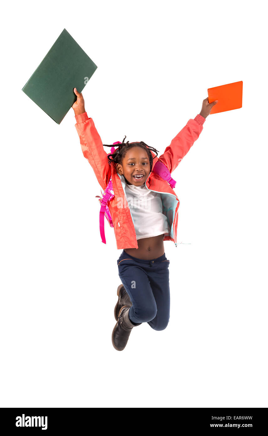 Young girl student jumping isolated in white Stock Photo - Alamy