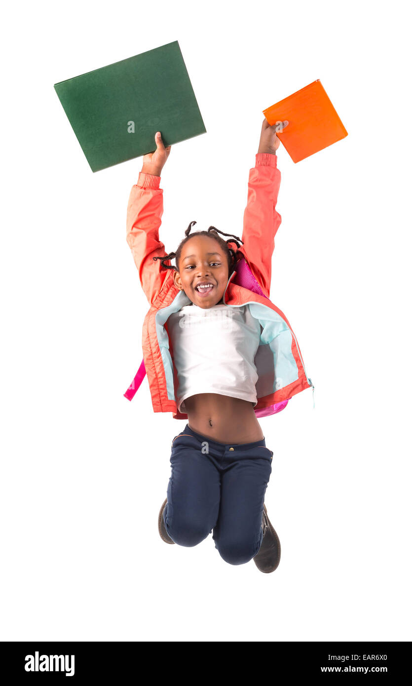 Young girl student jumping isolated in white Stock Photo - Alamy