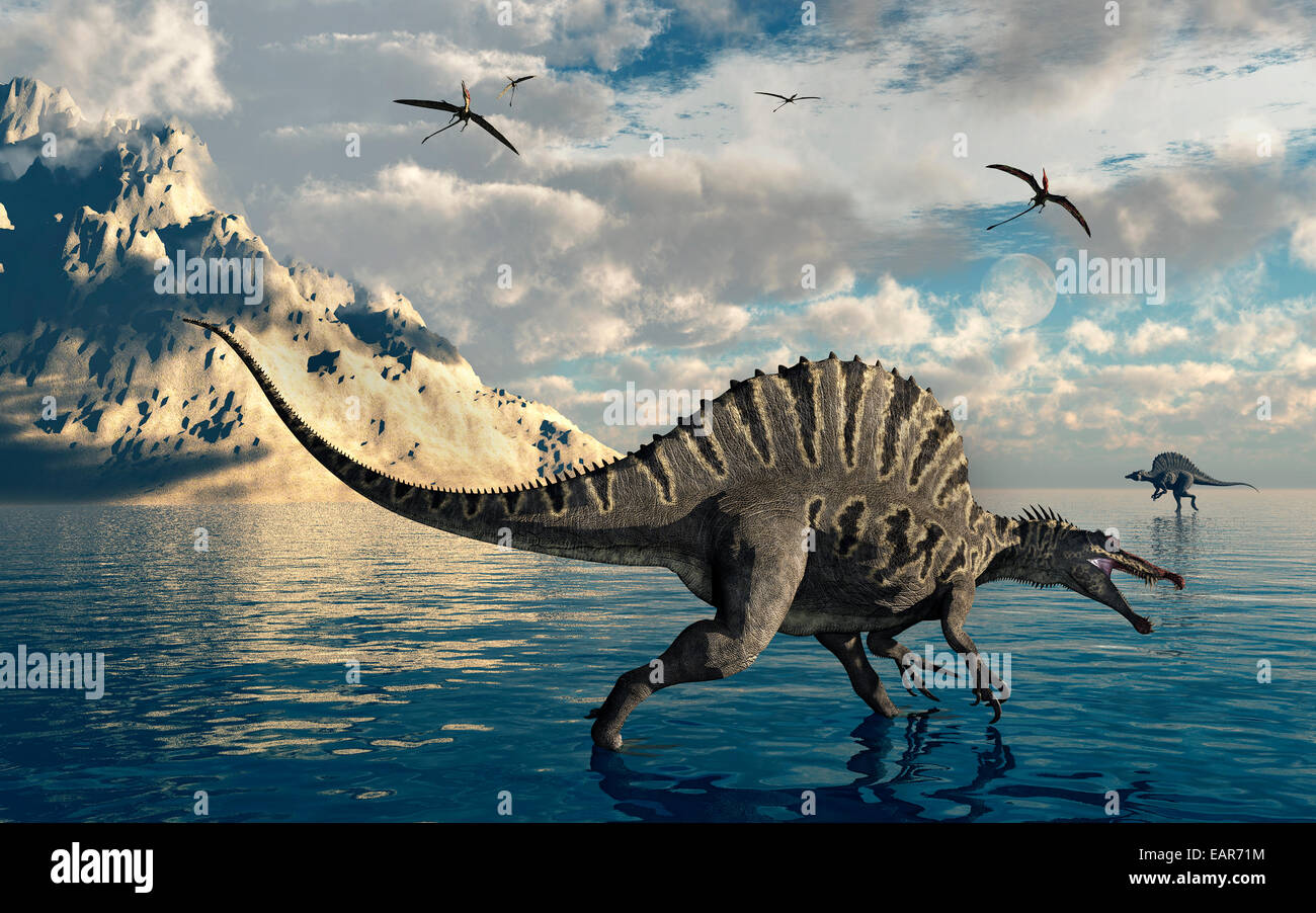 A Pair Of Carniverous Spinosaurus Fishing Stock Photo - Alamy