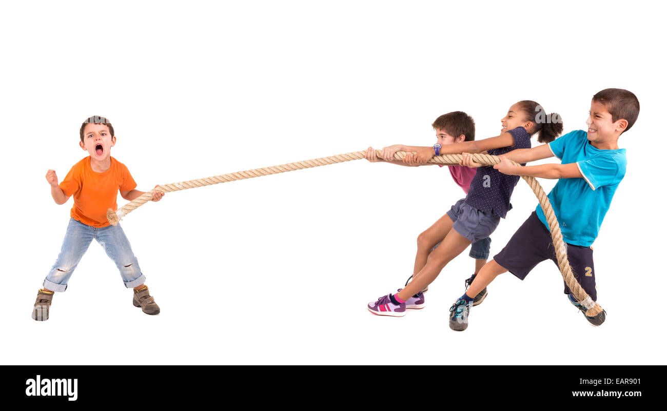 Group of children in a rope-pulling contest against just one kid Stock ...