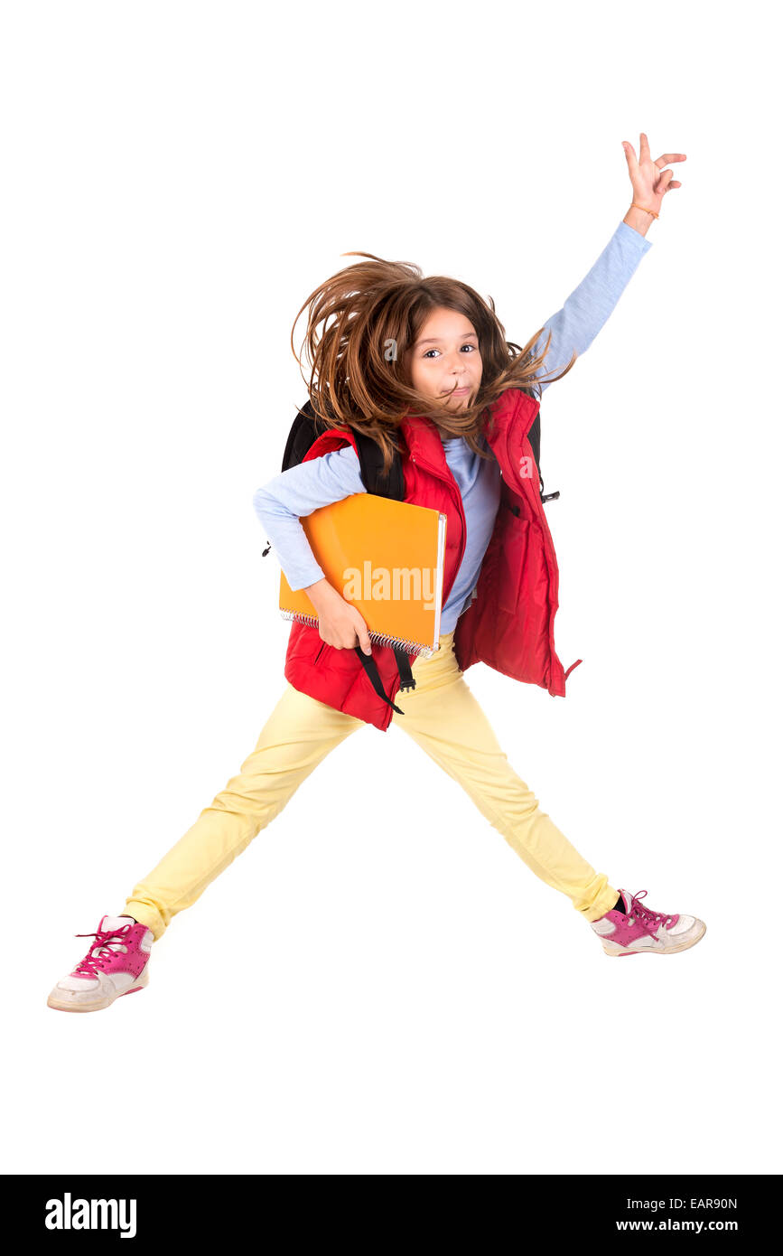 Young girl student jumping isolated in white Stock Photo - Alamy