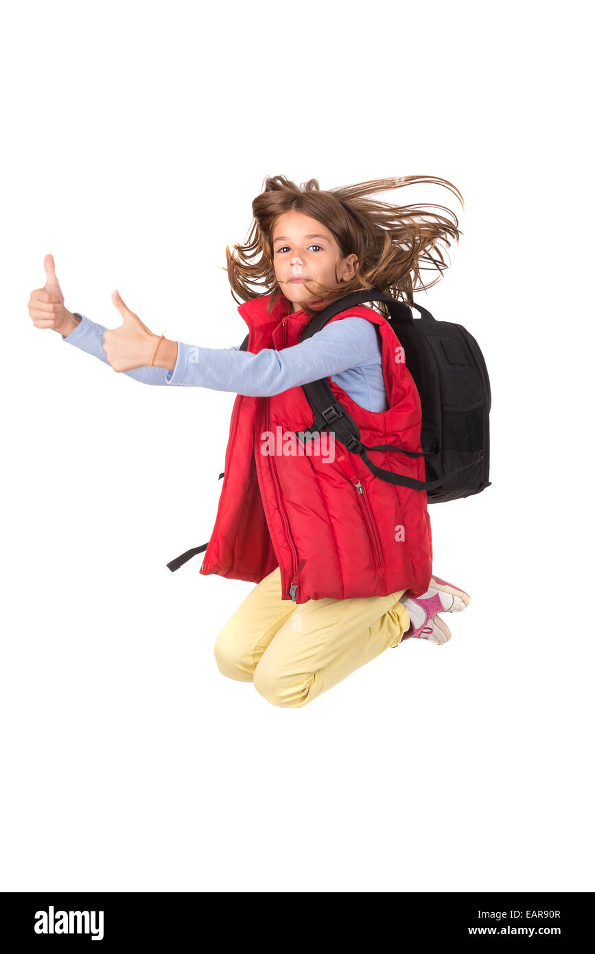 Young girl student jumping isolated in white Stock Photo - Alamy