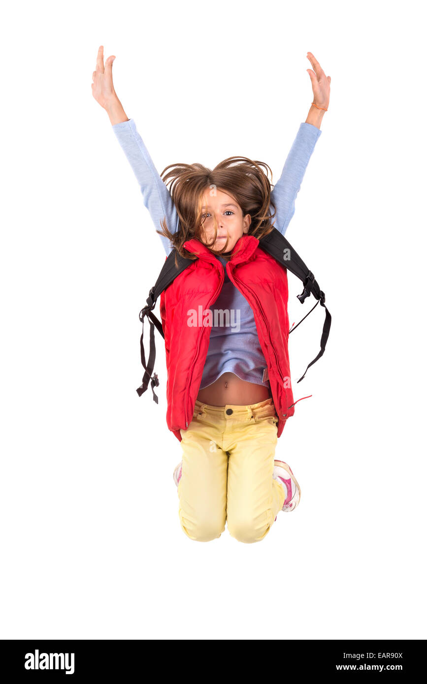 Young girl student jumping isolated in white Stock Photo - Alamy