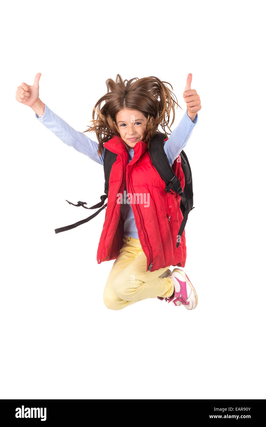 Young girl student jumping isolated in white Stock Photo - Alamy