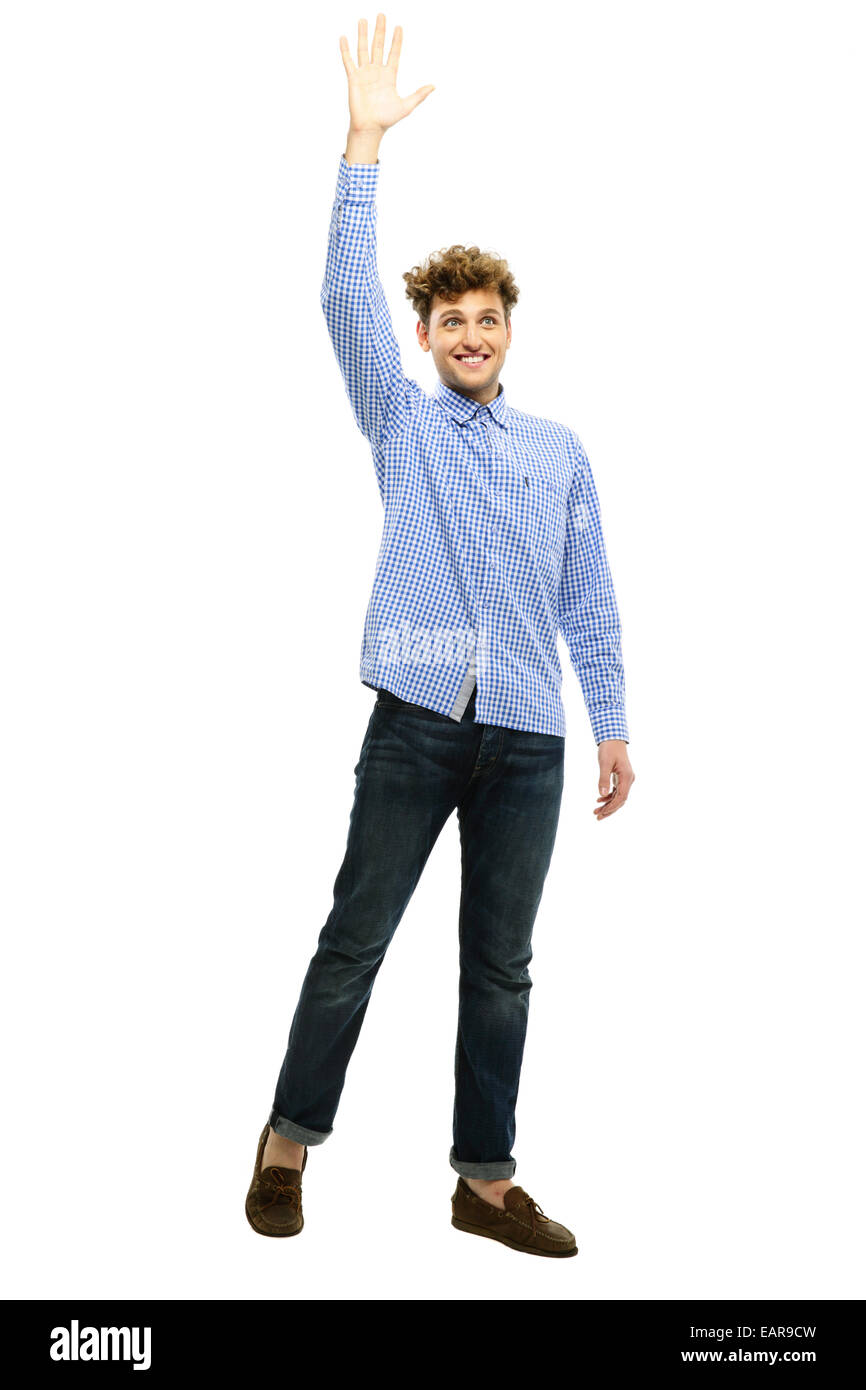 Portrait of a man waving his hand over white background Stock Photo - Alamy