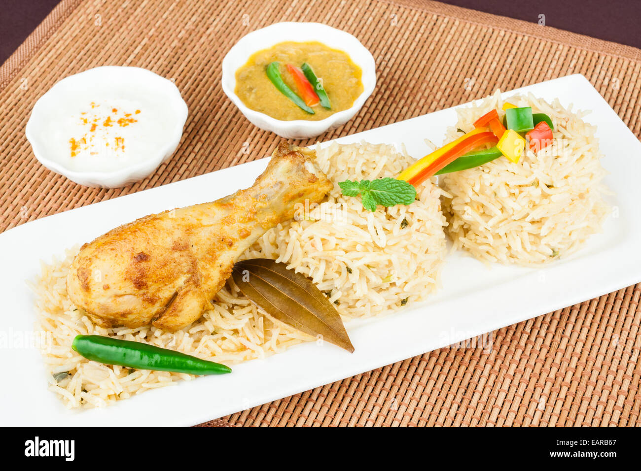 Closeup view from the top of delicious Indian chicken biryani with ...