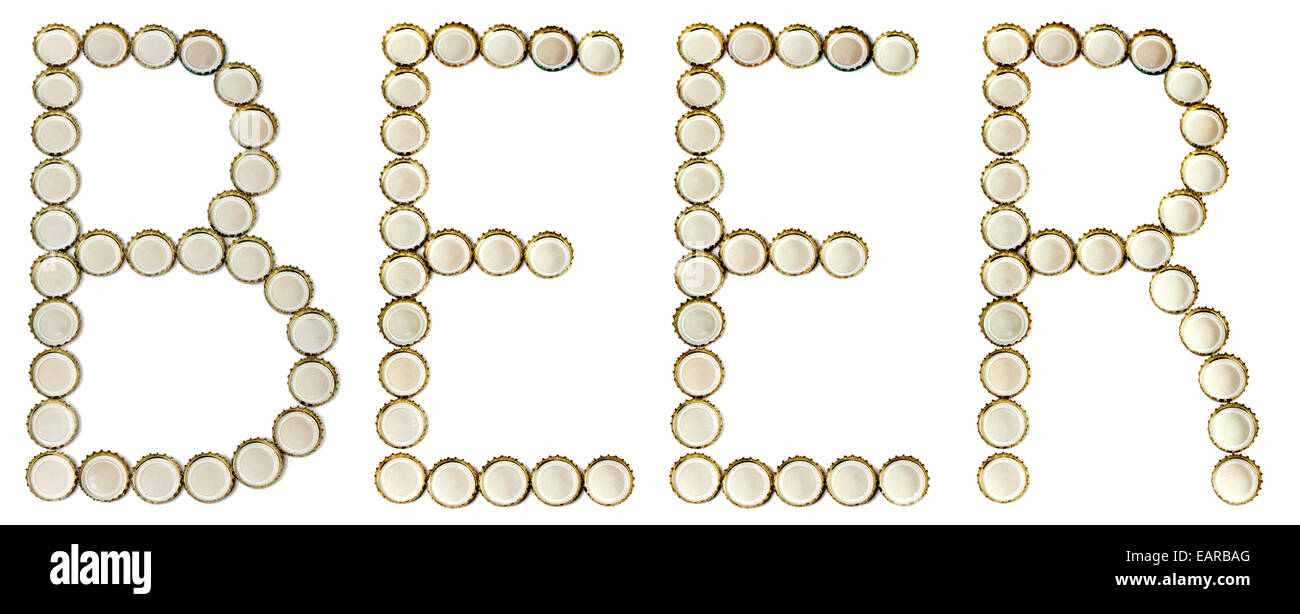 Text "BEER" from metal covers from beer bottles Stock Photo - Alamy