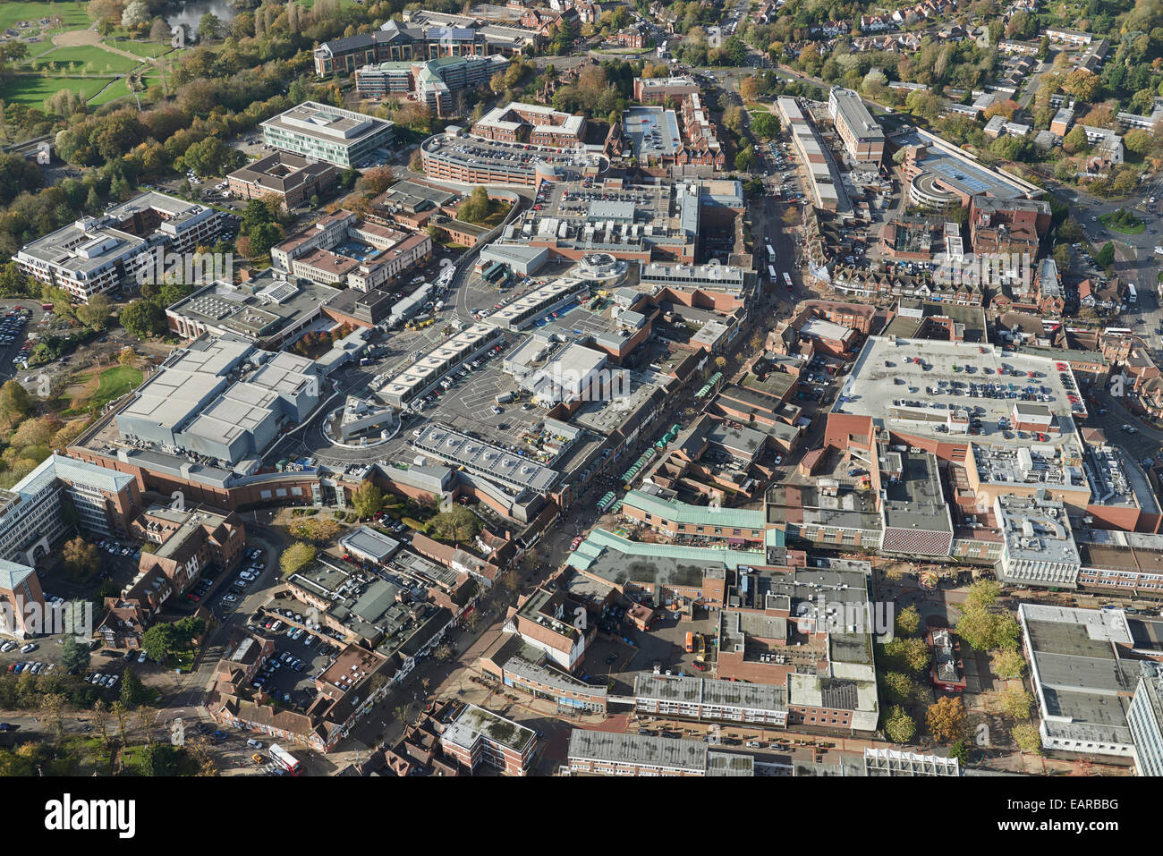 An aerial view of the centre of Solihull, a town in the West Midlands ...