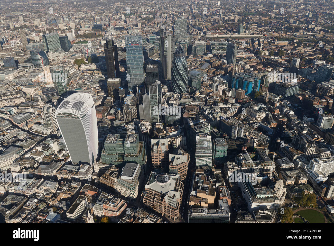An aerial view showing the iconic buildings of the City of London Stock ...